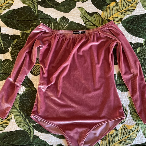 Boohoo | Tops | Boohoo Velvet Off The Shoulder Pink Bodysuit | Poshmark